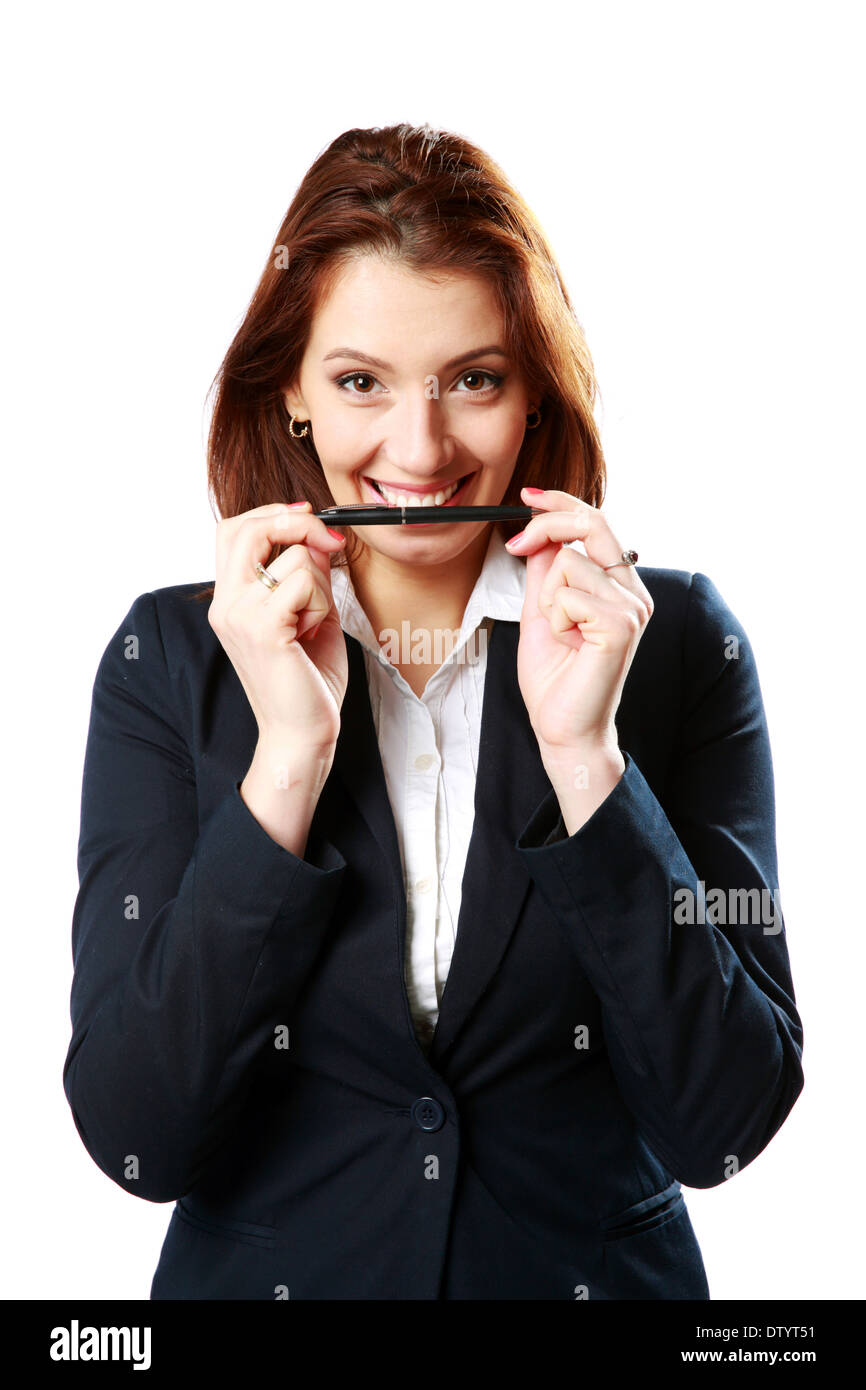 Happy businesswoman woman holding pen isolated on white background ...