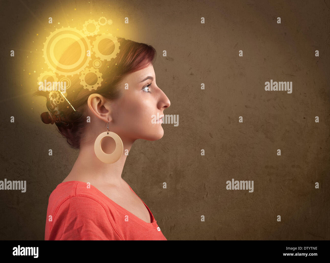 Clever girl thinking with a machine head illustration Stock Photo - Alamy