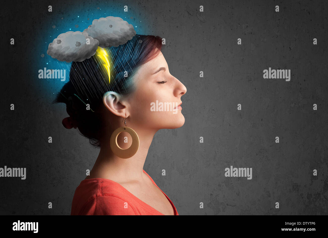 Young girl with thunderstorm lightning headache Stock Photo - Alamy