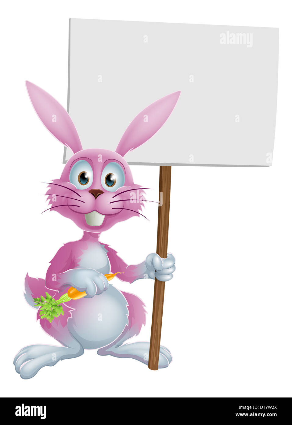 Pink cartoon bunny rabbit holding a carrot and billboard and sign Stock ...