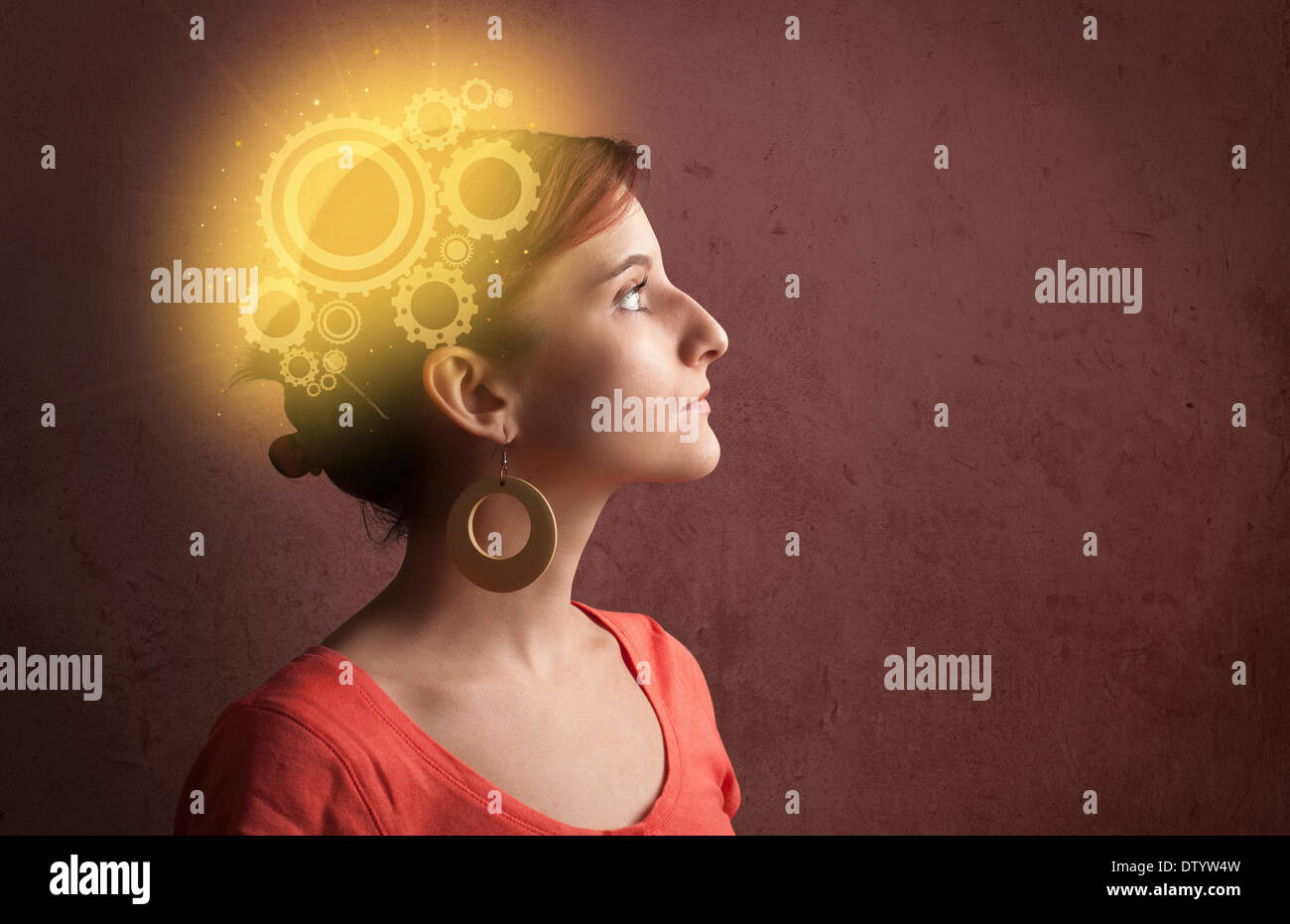 Clever girl thinking with a machine head illustration Stock Photo - Alamy