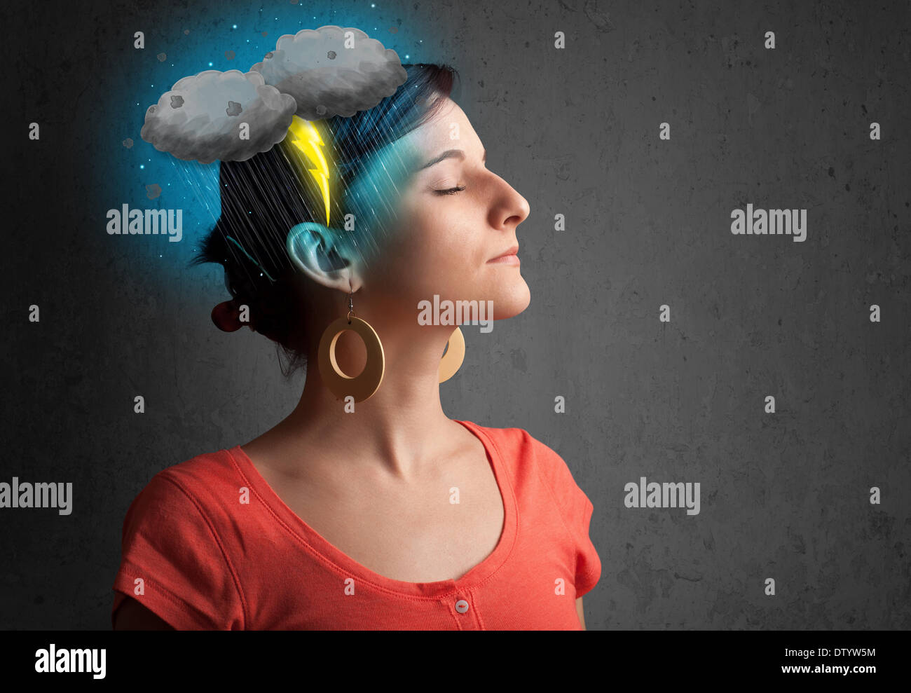 Young girl with thunderstorm lightning headache Stock Photo - Alamy