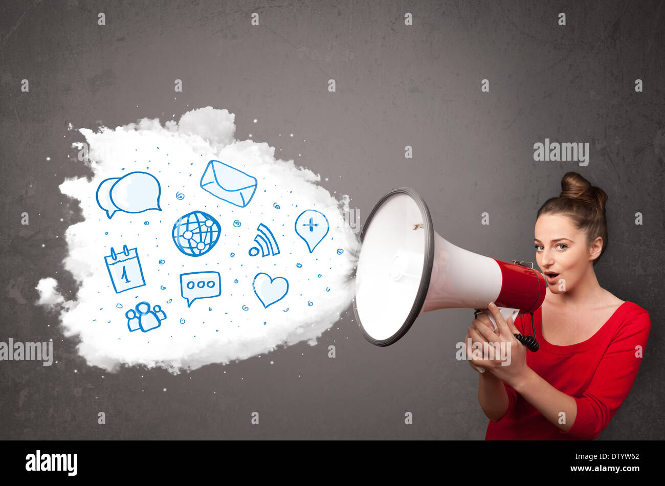 Woman shouting into loudspeaker and modern blue icons and symbols come ...