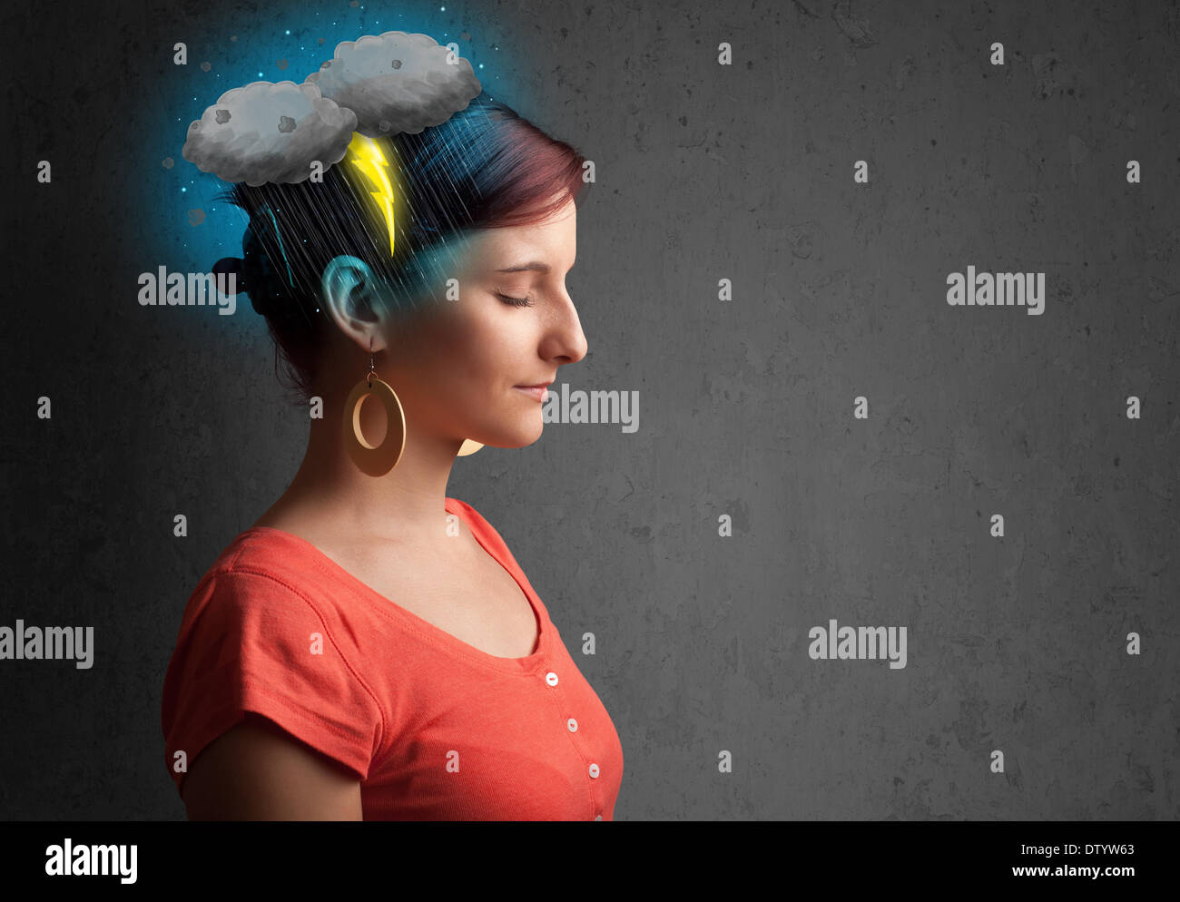 Young girl with thunderstorm lightning headache Stock Photo - Alamy