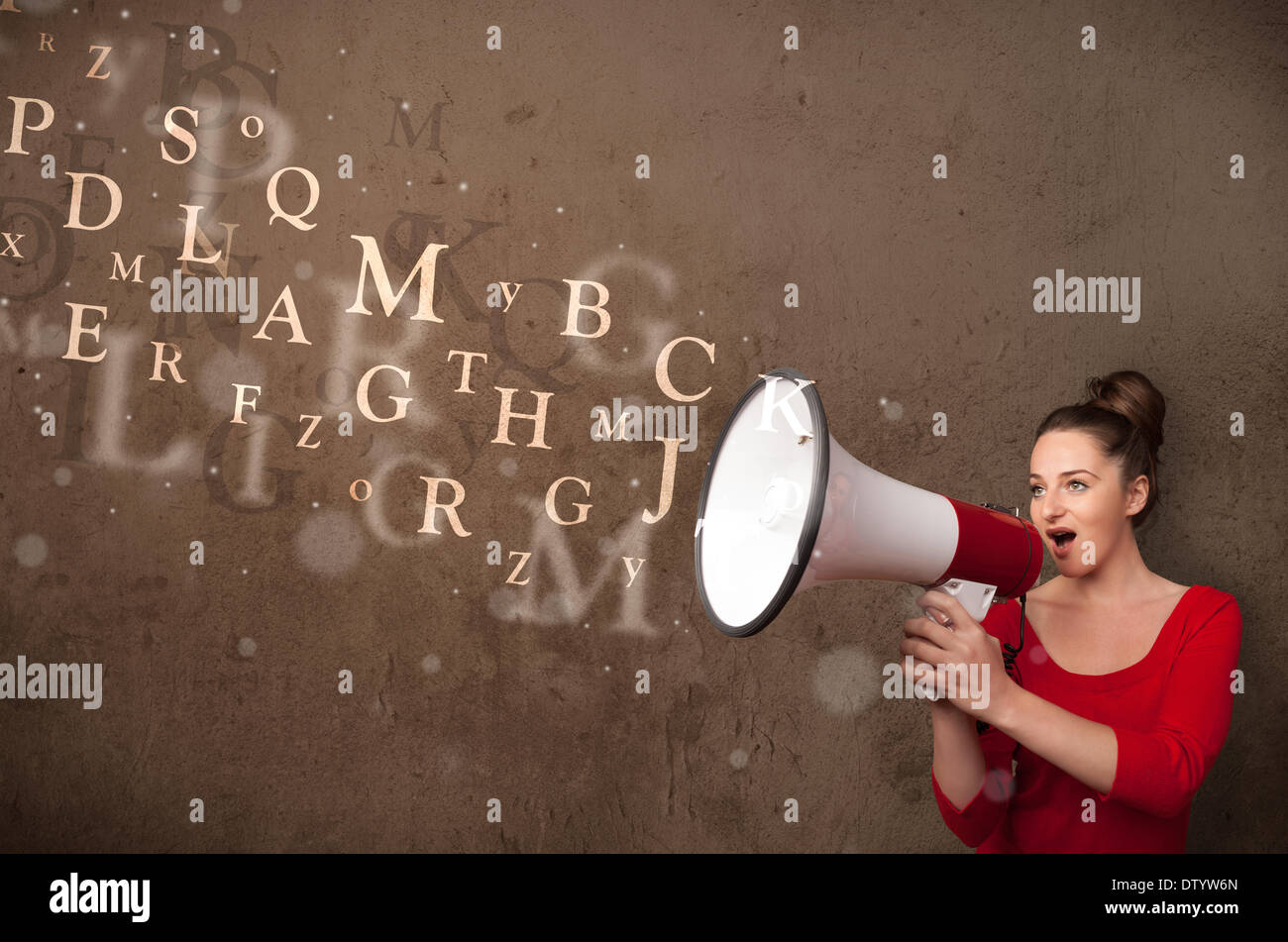 Young girl shouting into megaphone and text come out Stock Photo - Alamy