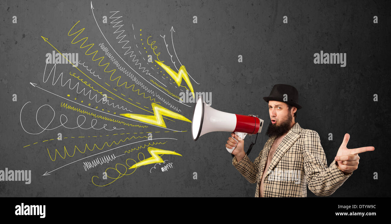 Leader guy shouting into megaphone with hand drawn lines and arrows ...