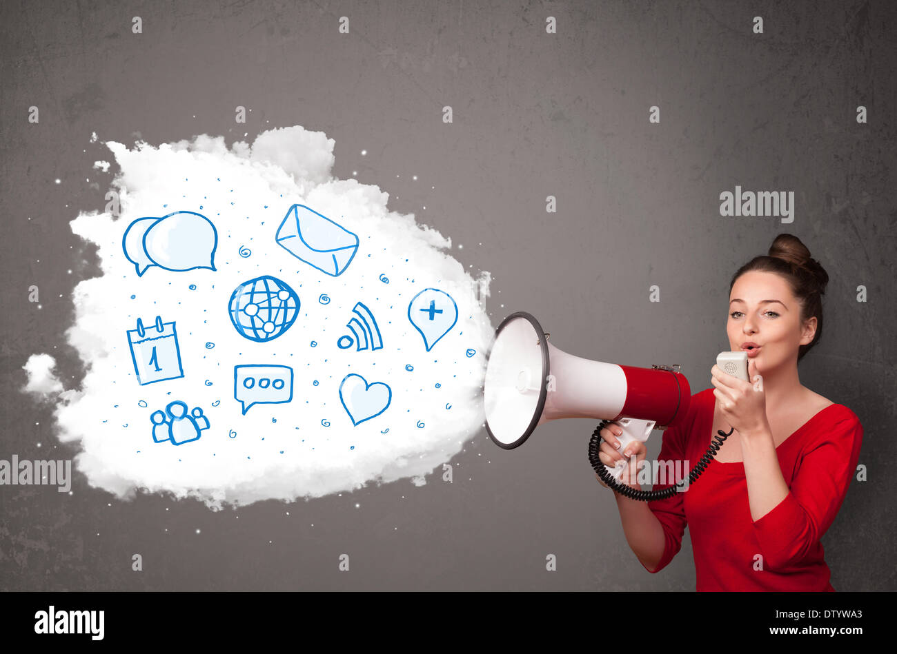 Woman shouting into loudspeaker and modern blue icons and symbols come ...