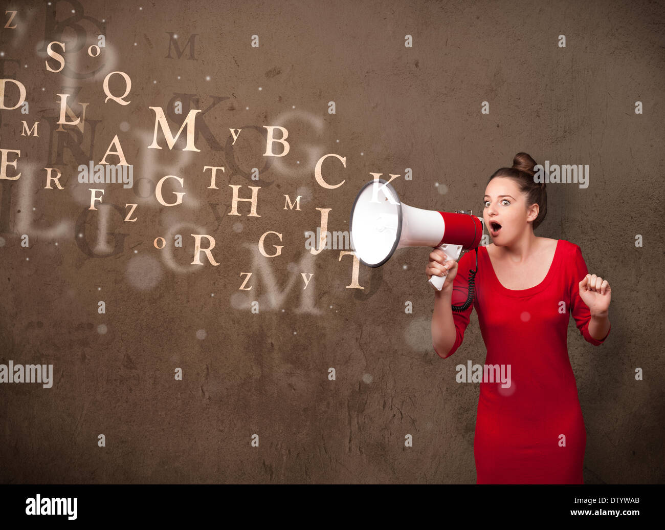Young girl shouting into megaphone and text come out Stock Photo - Alamy
