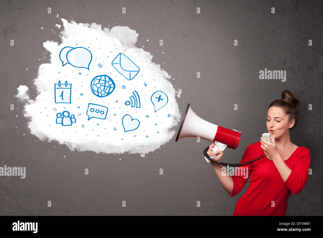Woman shouting into loudspeaker and modern blue icons and symbols come ...