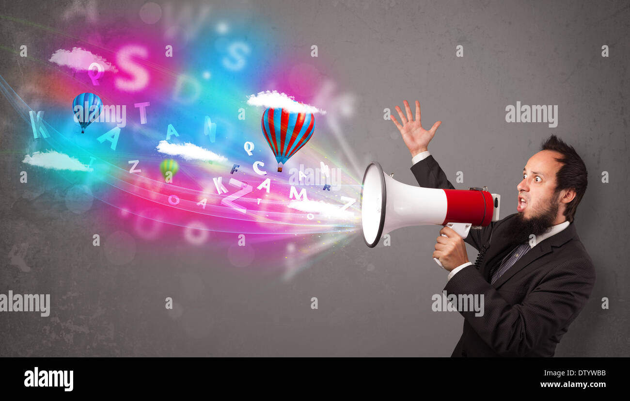 Man shouting into megaphone and abstract text and balloons come out ...