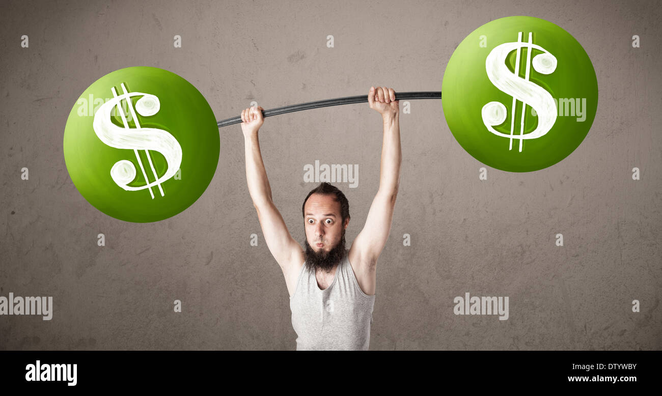 skinny guy lifting green dollar sign weights Stock Photo - Alamy