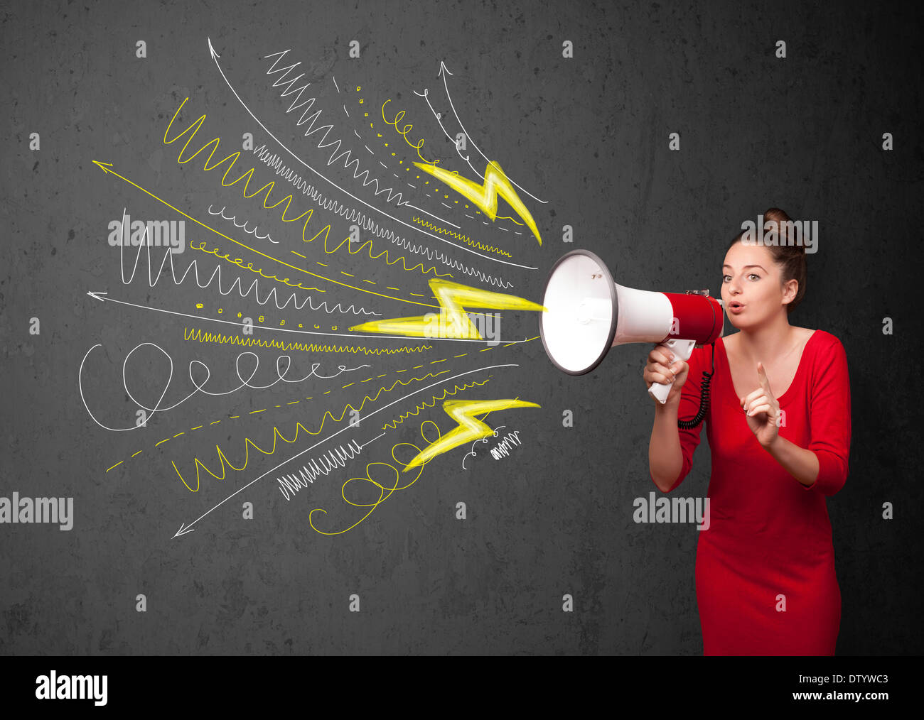 Cute girl shouting into megaphone with hand drawn lines and arrows ...