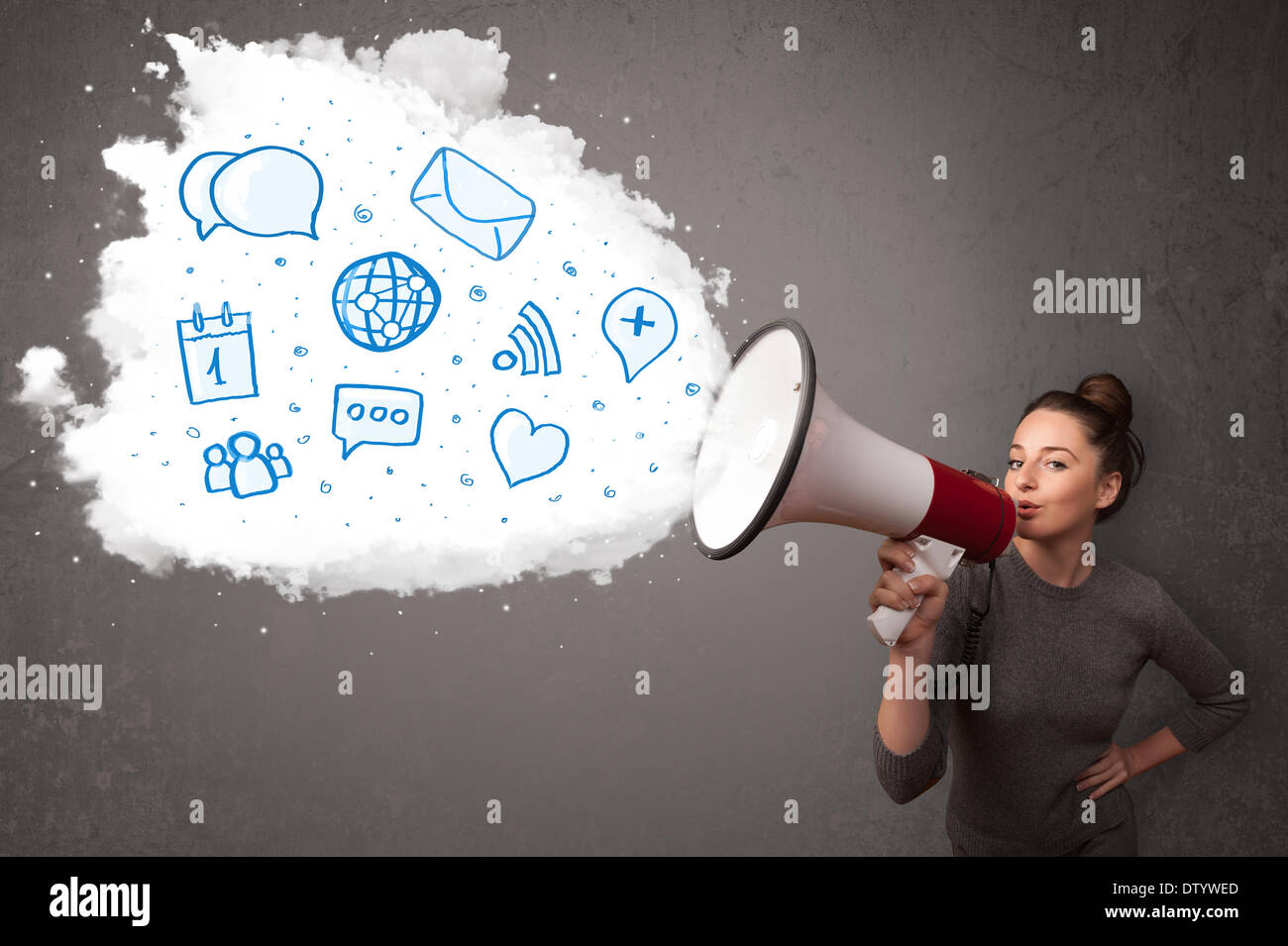 Woman shouting into loudspeaker and modern blue icons and symbols come ...