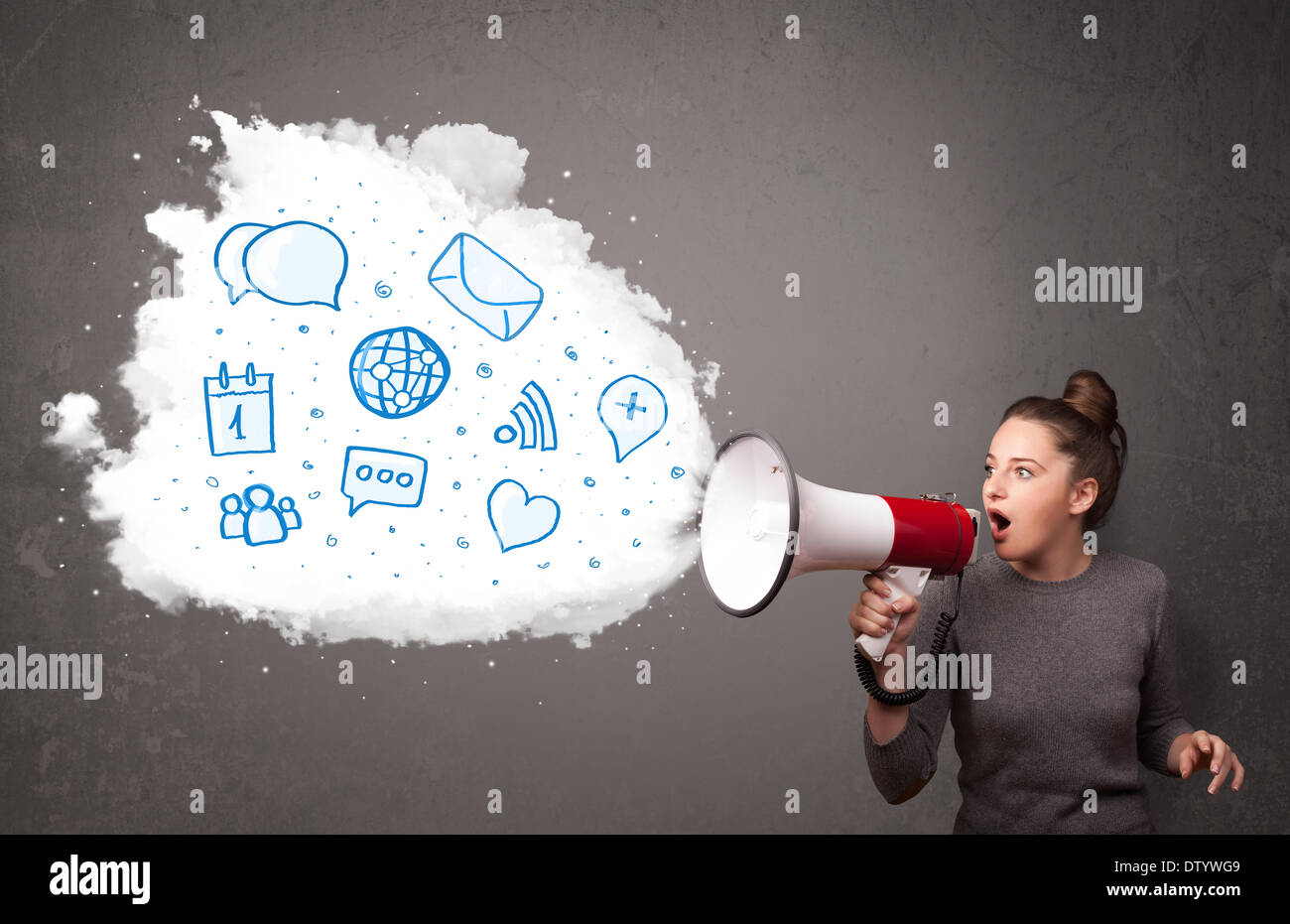 Woman shouting into loudspeaker and modern blue icons and symbols come ...