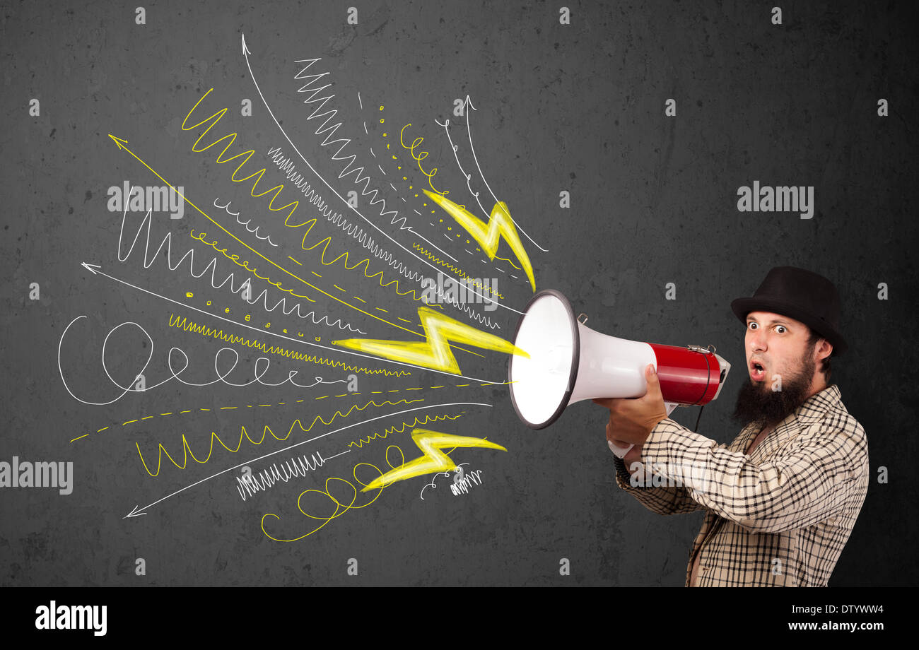 Leader guy shouting into megaphone with hand drawn lines and arrows ...