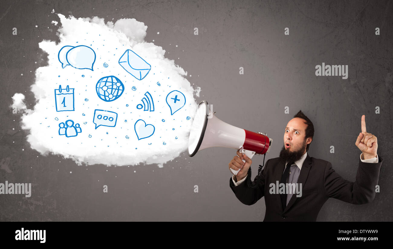 Man shouting into loudspeaker and modern blue icons and symbols come ...