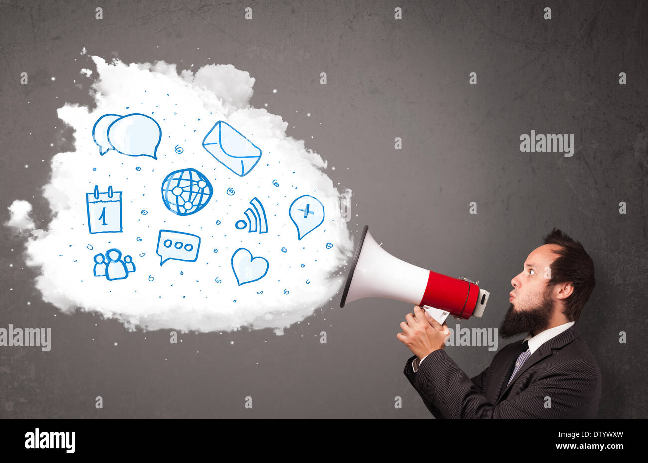 Man shouting into loudspeaker and modern blue icons and symbols come ...