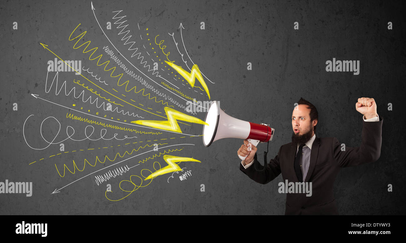 Leader guy shouting into megaphone with hand drawn lines and arrows ...