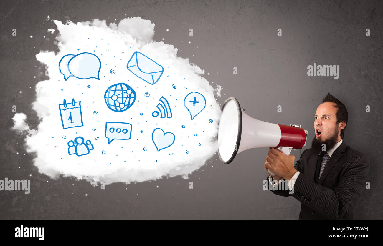 Man shouting into loudspeaker and modern blue icons and symbols come ...