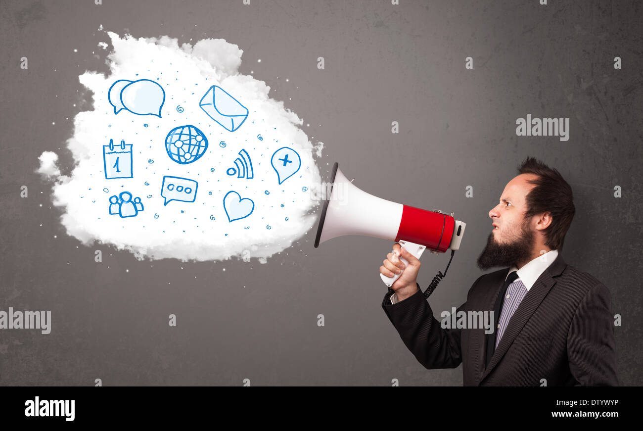 Man shouting into loudspeaker and modern blue icons and symbols come ...