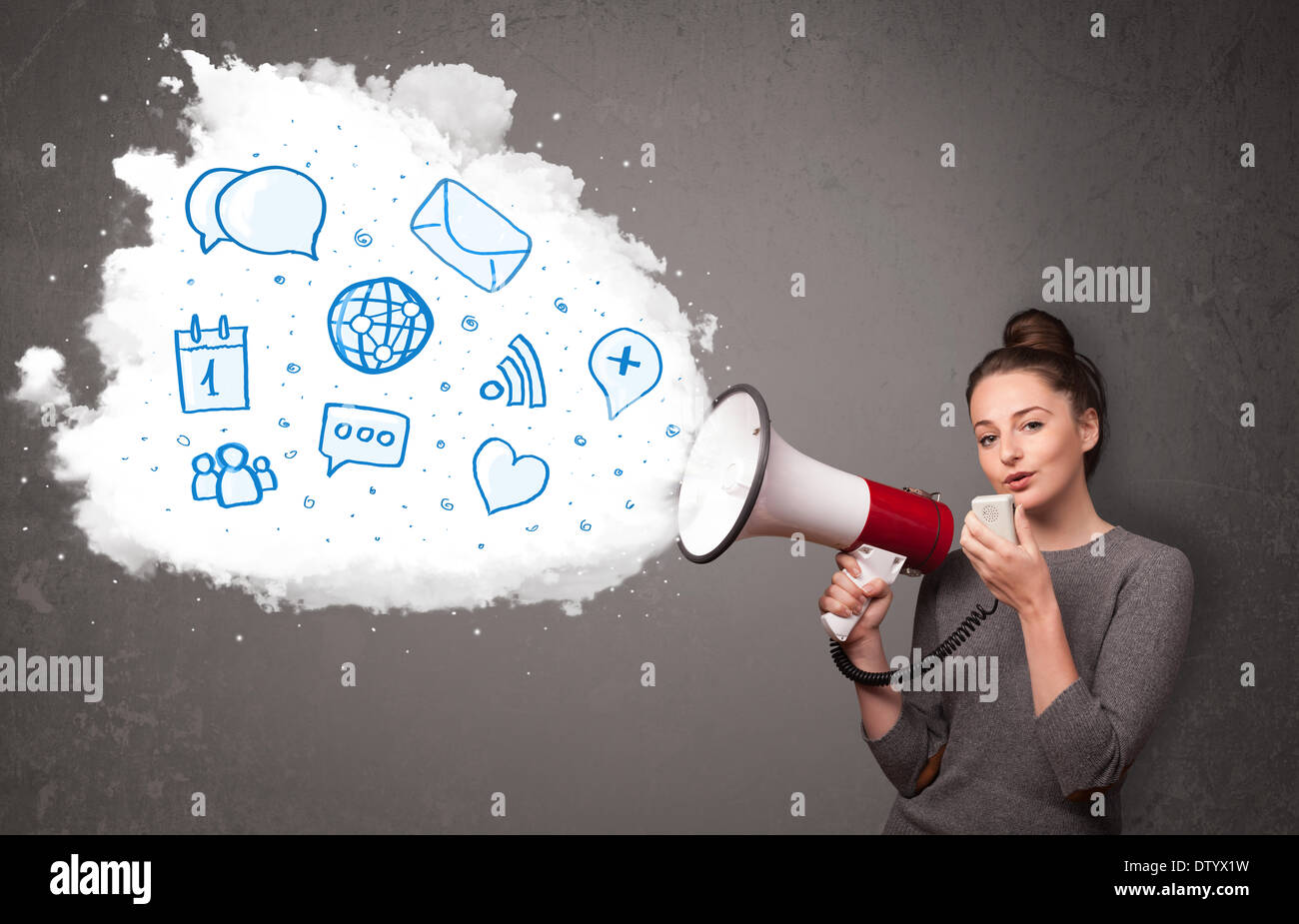 Woman shouting into loudspeaker and modern blue icons and symbols come ...