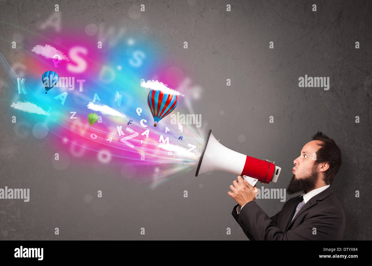 Man shouting into megaphone and abstract text and balloons come out ...