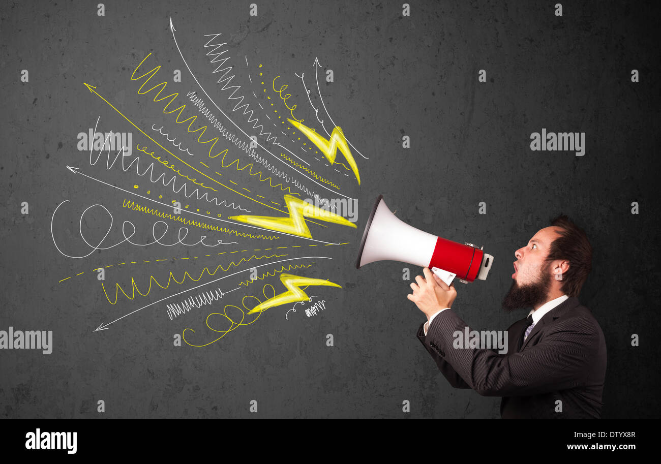 Leader guy shouting into megaphone with hand drawn lines and arrows ...