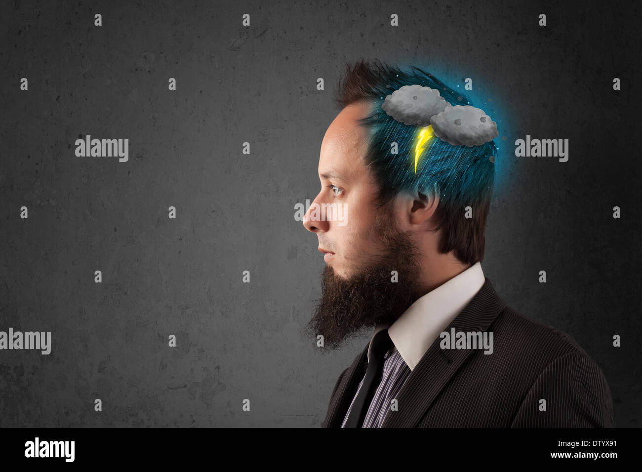 Man with thunderstorm lightning head Stock Photo - Alamy