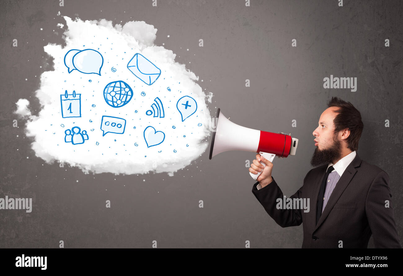 Man shouting into loudspeaker and modern blue icons and symbols come ...
