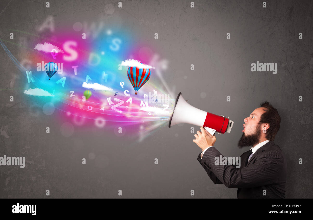 Man shouting into megaphone and abstract text and balloons come out ...