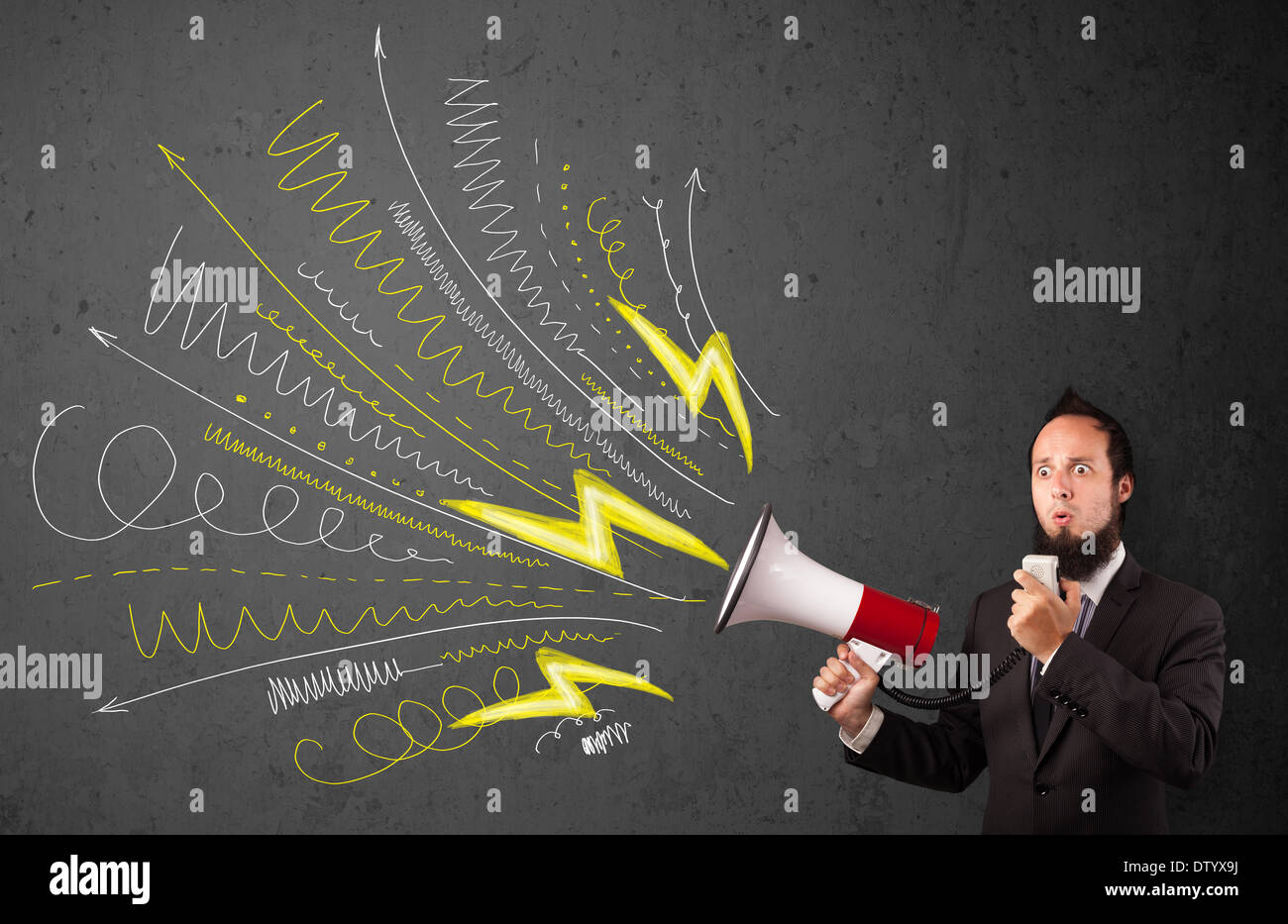 Leader guy shouting into megaphone with hand drawn lines and arrows ...