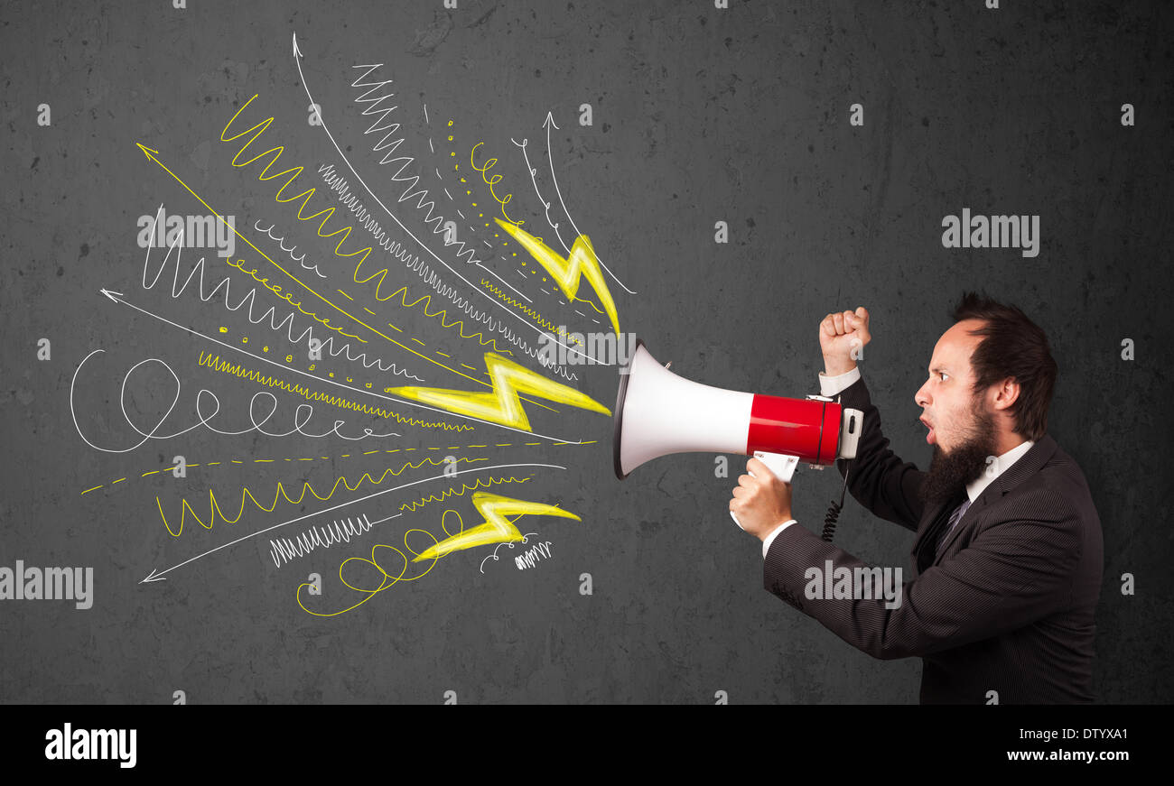 Leader guy shouting into megaphone with hand drawn lines and arrows ...