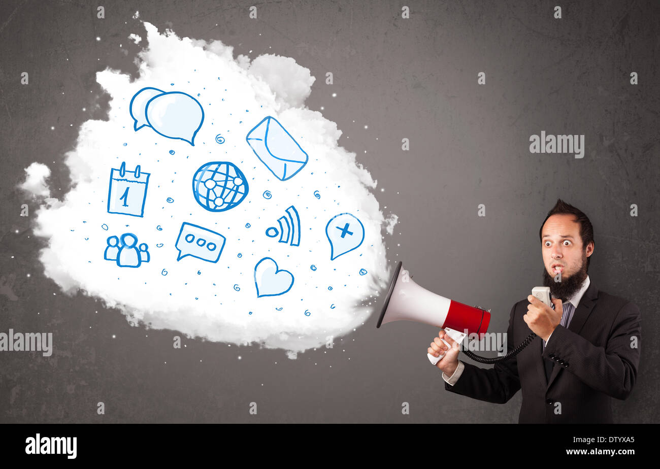 Man shouting into loudspeaker and modern blue icons and symbols come ...