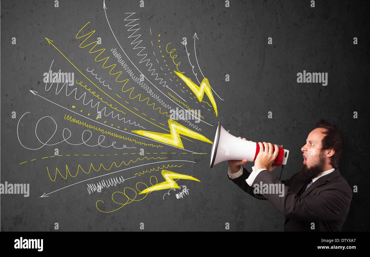 Leader guy shouting into megaphone with hand drawn lines and arrows ...