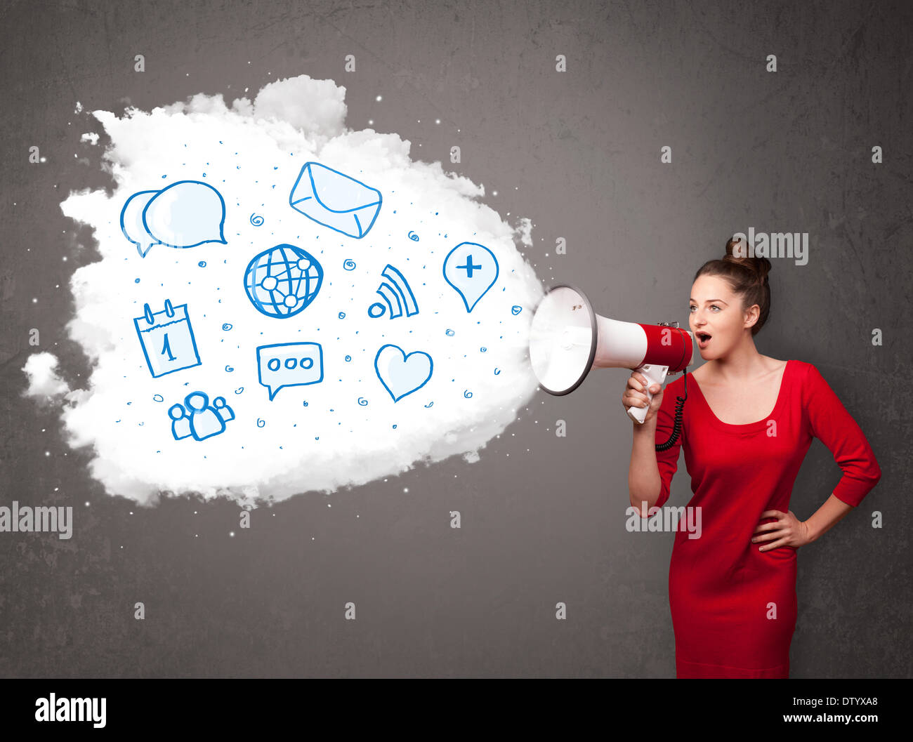 Woman shouting into loudspeaker and modern blue icons and symbols come ...