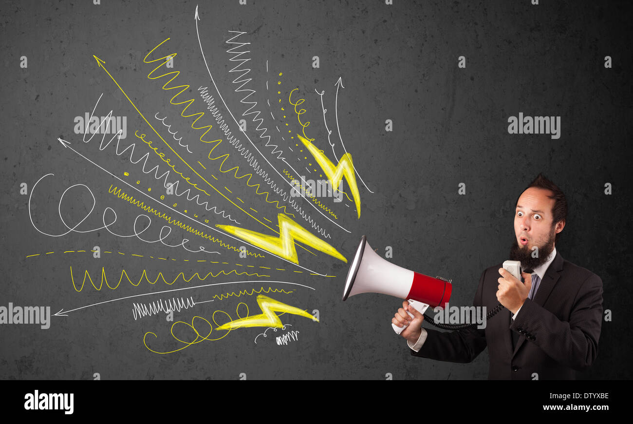 Leader guy shouting into megaphone with hand drawn lines and arrows ...