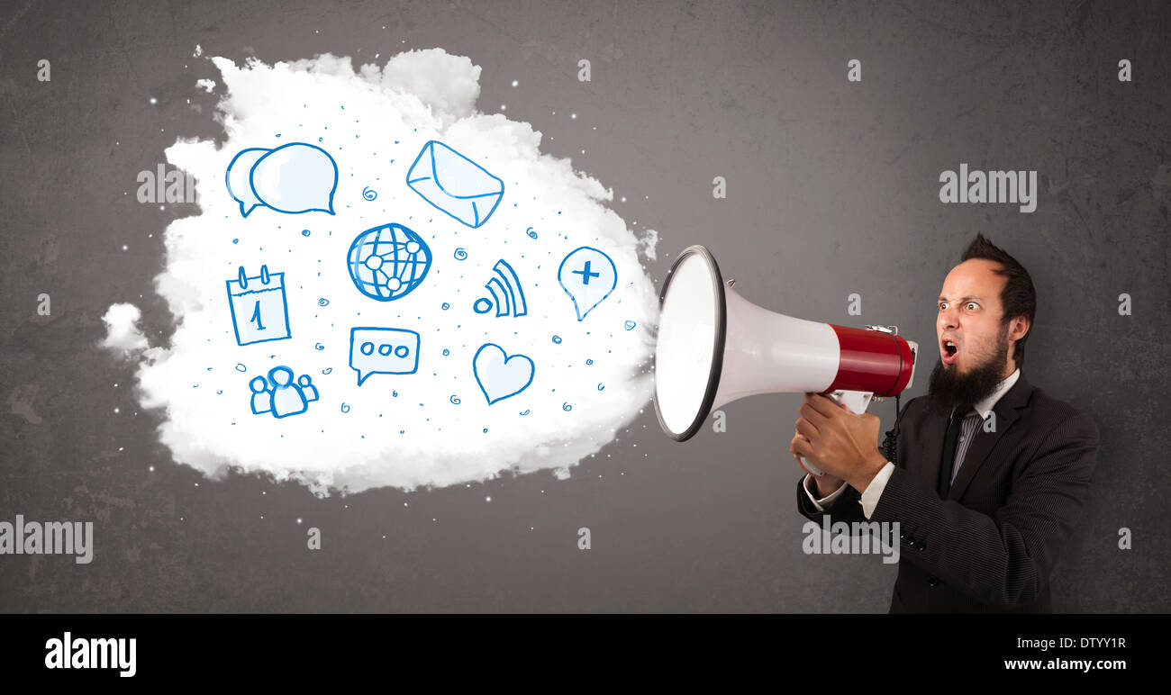 Man shouting into loudspeaker and modern blue icons and symbols come ...