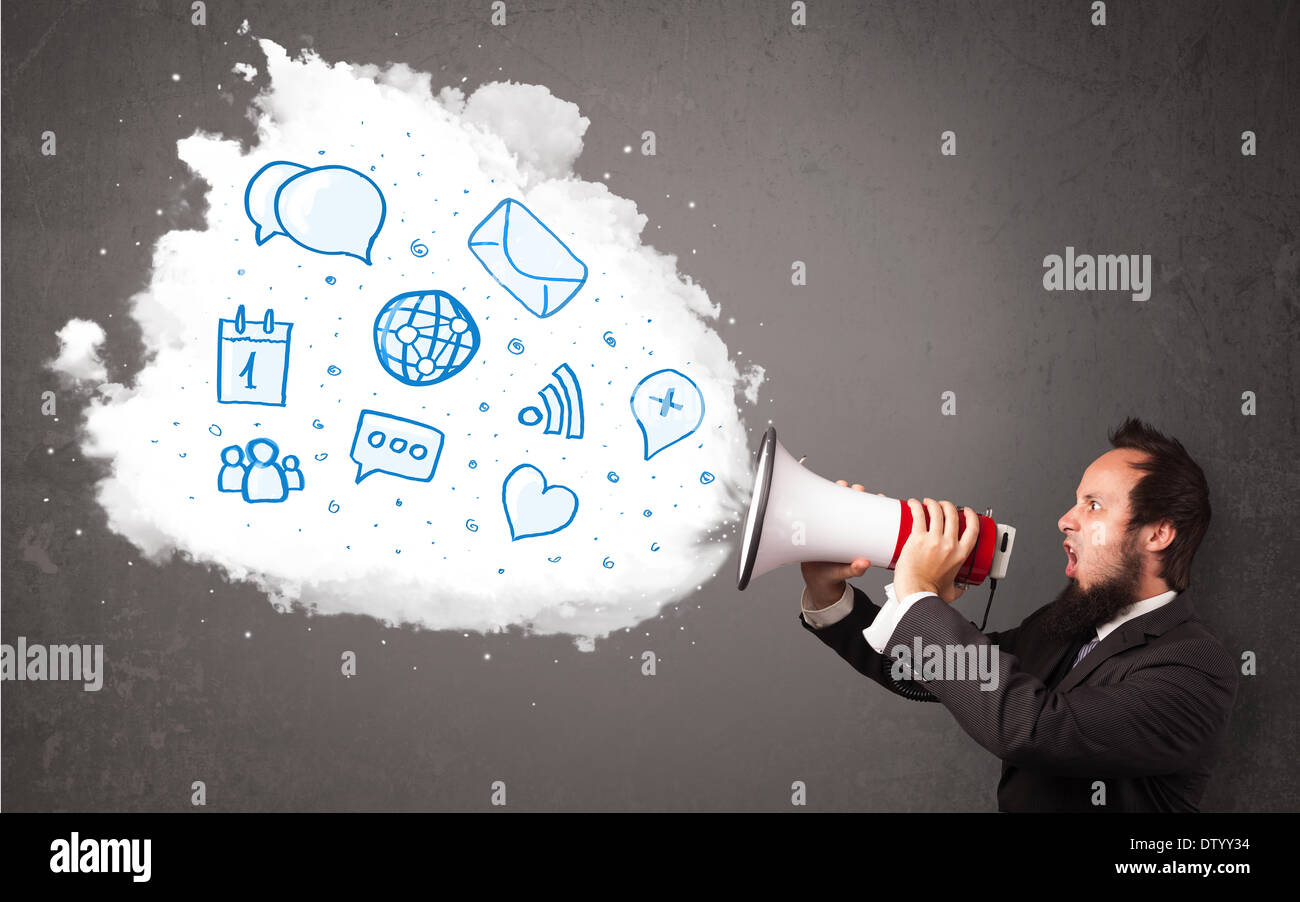 Man shouting into loudspeaker and modern blue icons and symbols come ...