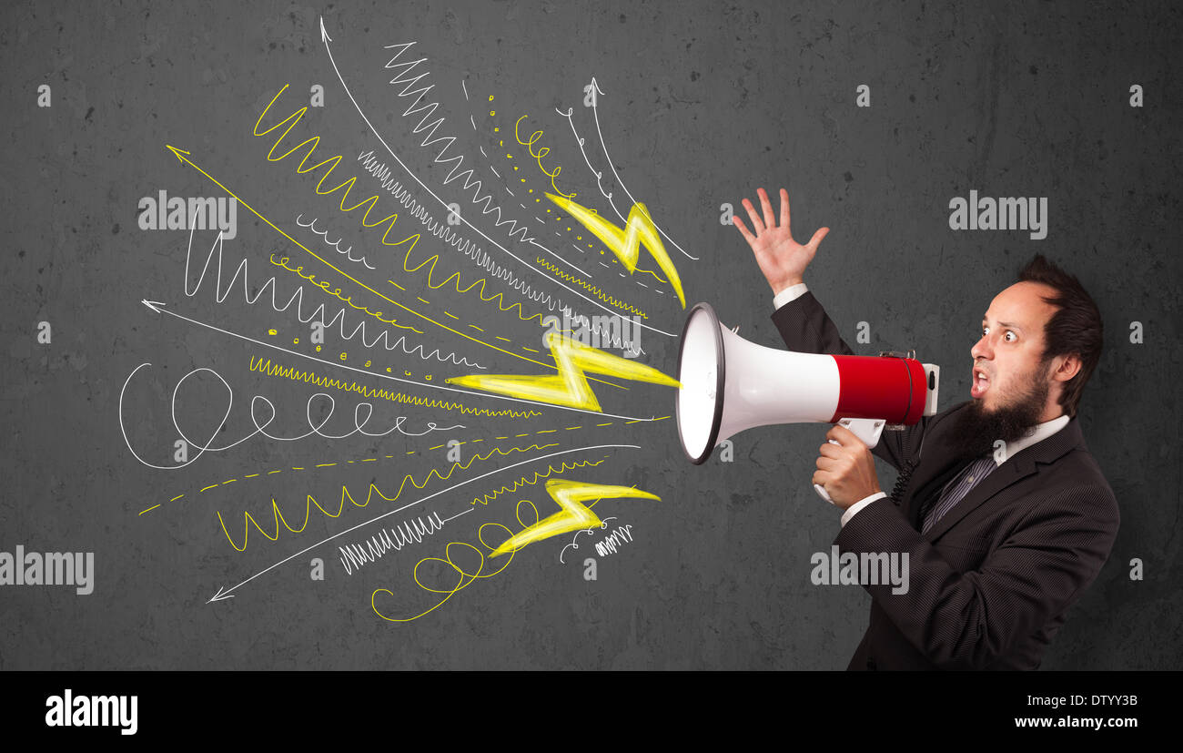 Leader guy shouting into megaphone with hand drawn lines and arrows ...