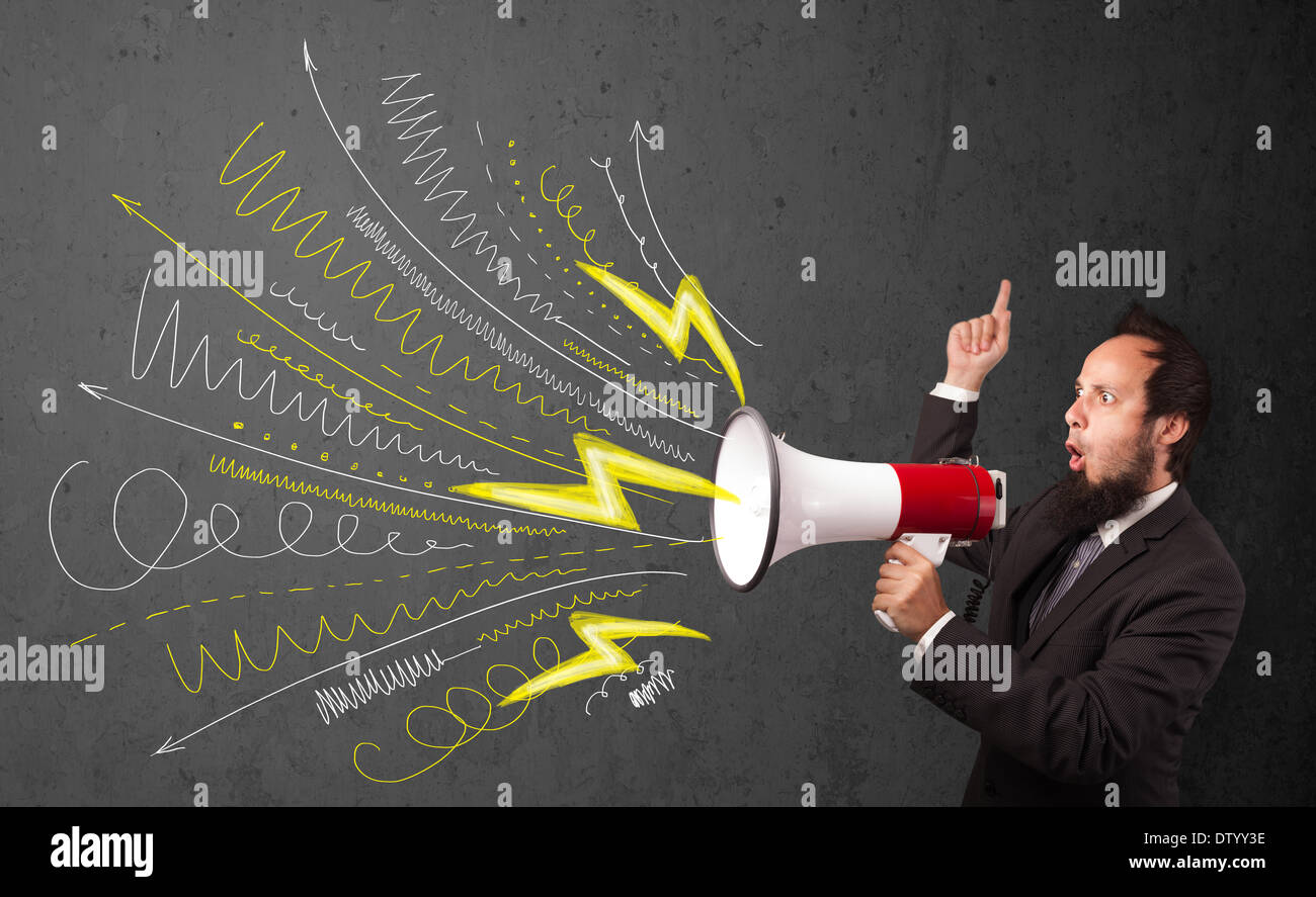 Leader guy shouting into megaphone with hand drawn lines and arrows ...