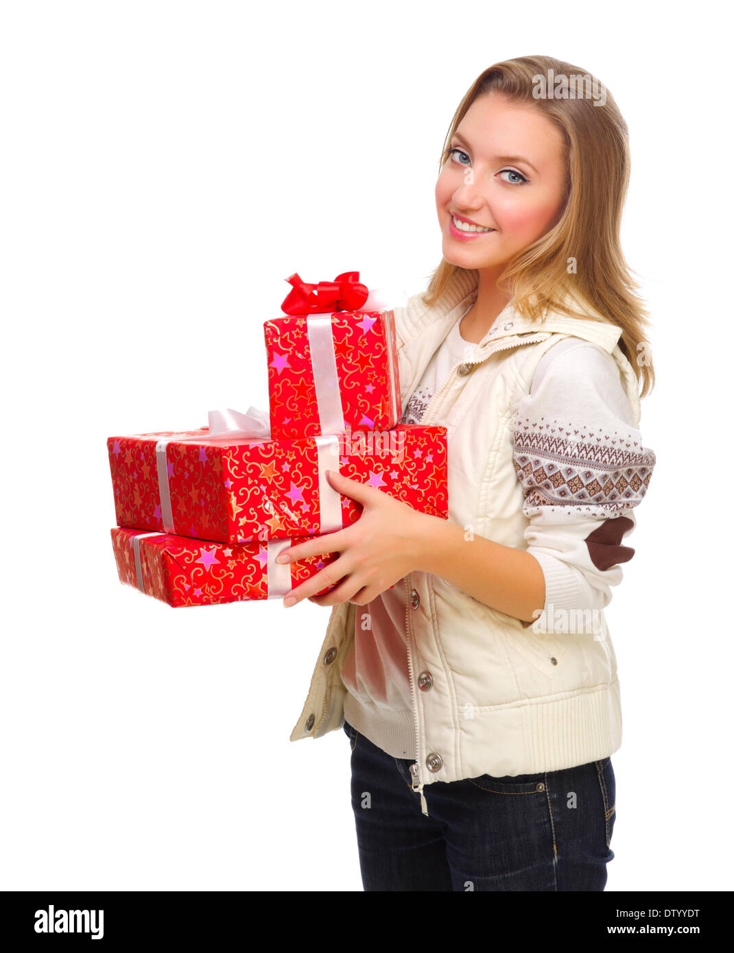 Young girl with gift boxes isolated Stock Photo - Alamy
