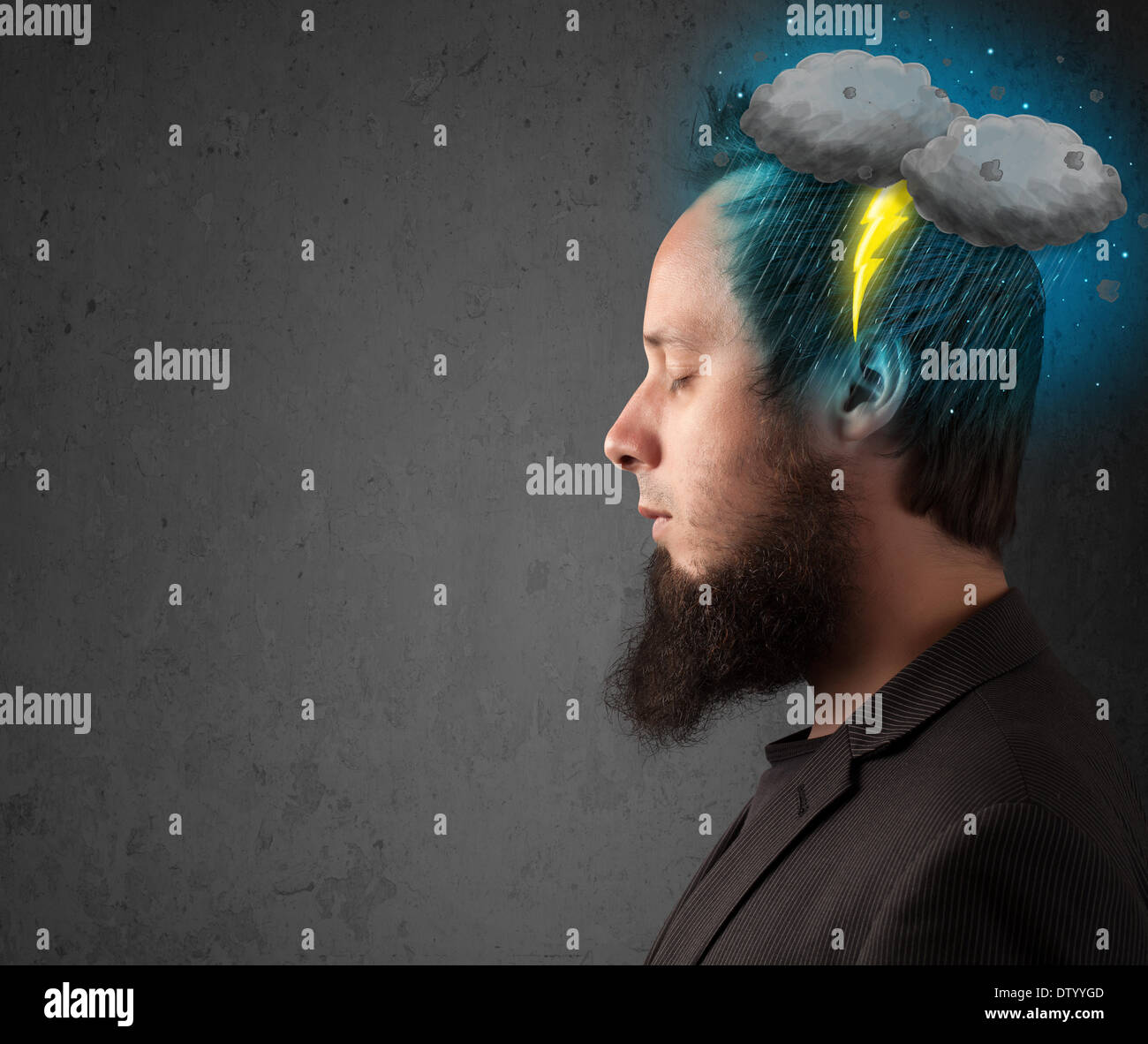 Man with thunderstorm lightning head Stock Photo - Alamy