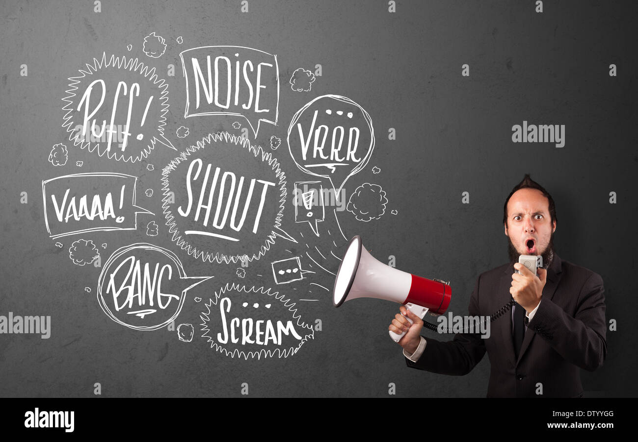 Guy in suit yelling into megaphone and hand drawn speech bubbles come ...