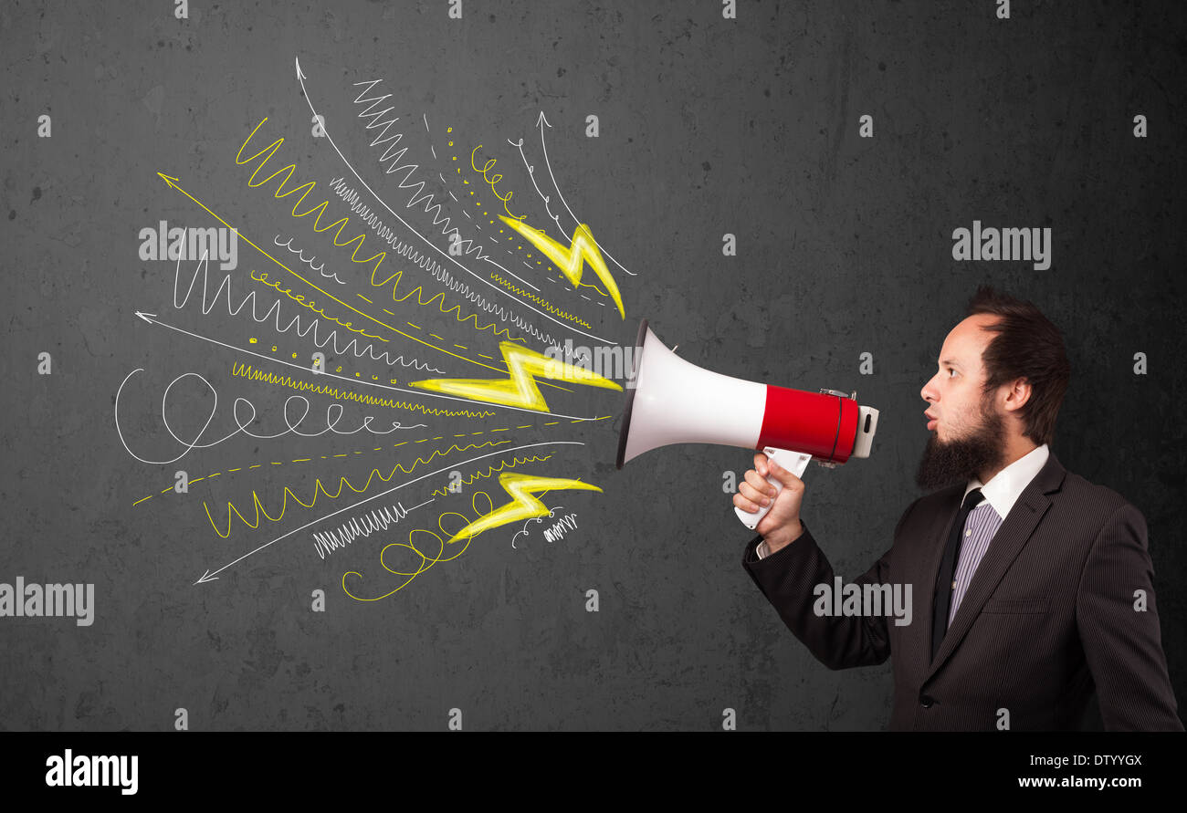 Leader guy shouting into megaphone with hand drawn lines and arrows ...