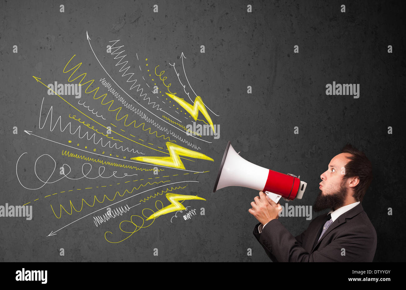 Leader guy shouting into megaphone with hand drawn lines and arrows ...