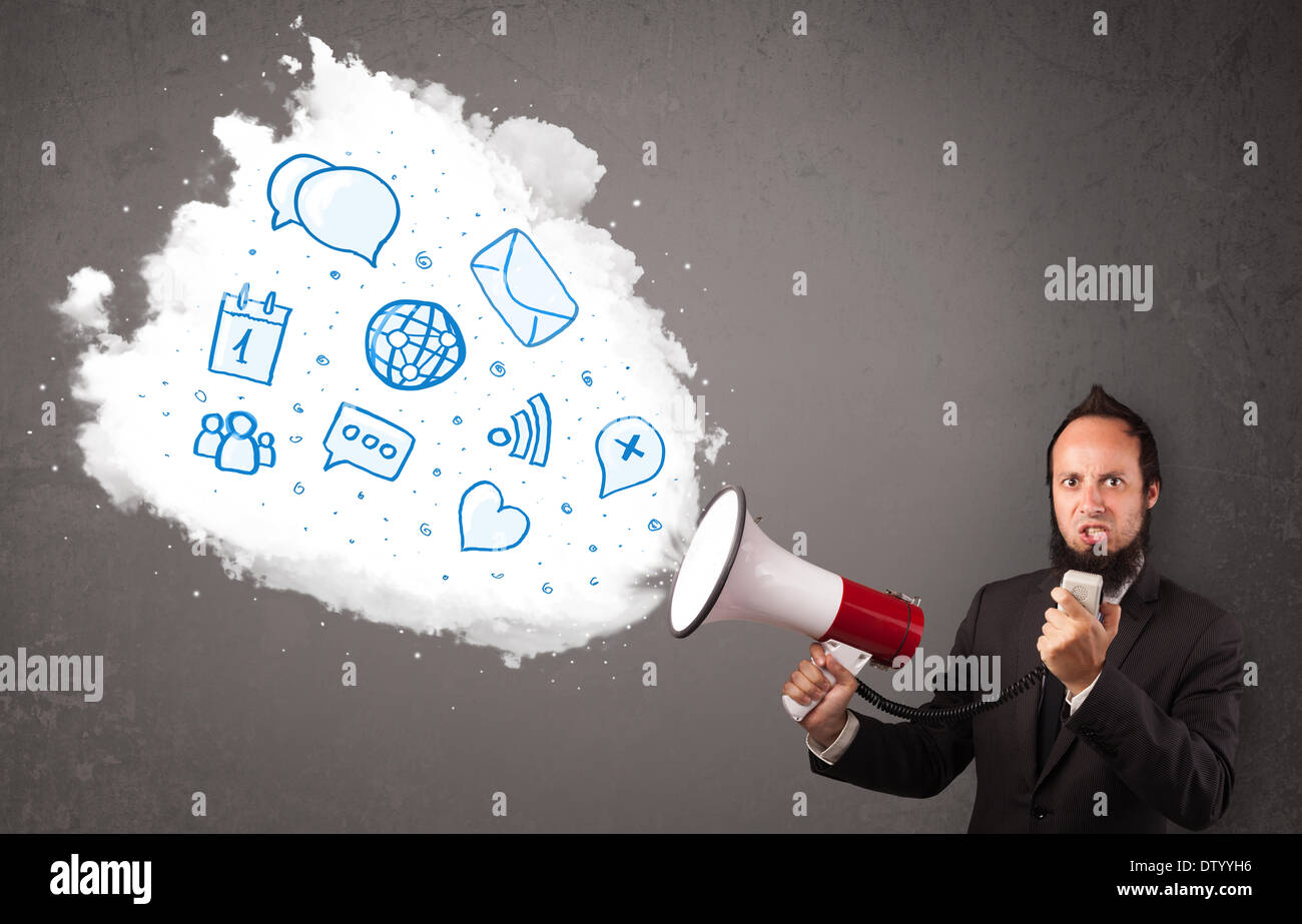 Man shouting into loudspeaker and modern blue icons and symbols come ...