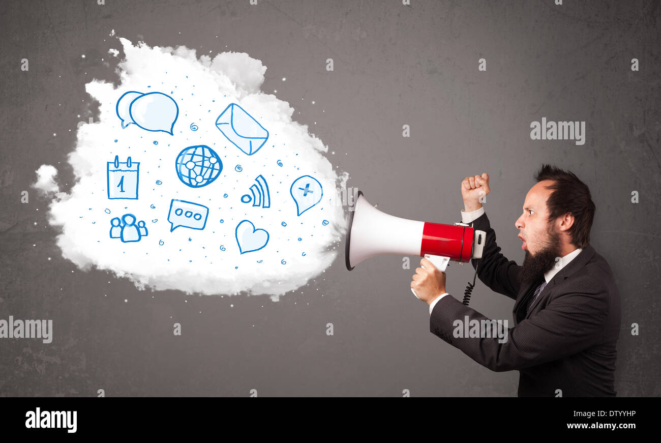 Man shouting into loudspeaker and modern blue icons and symbols come ...