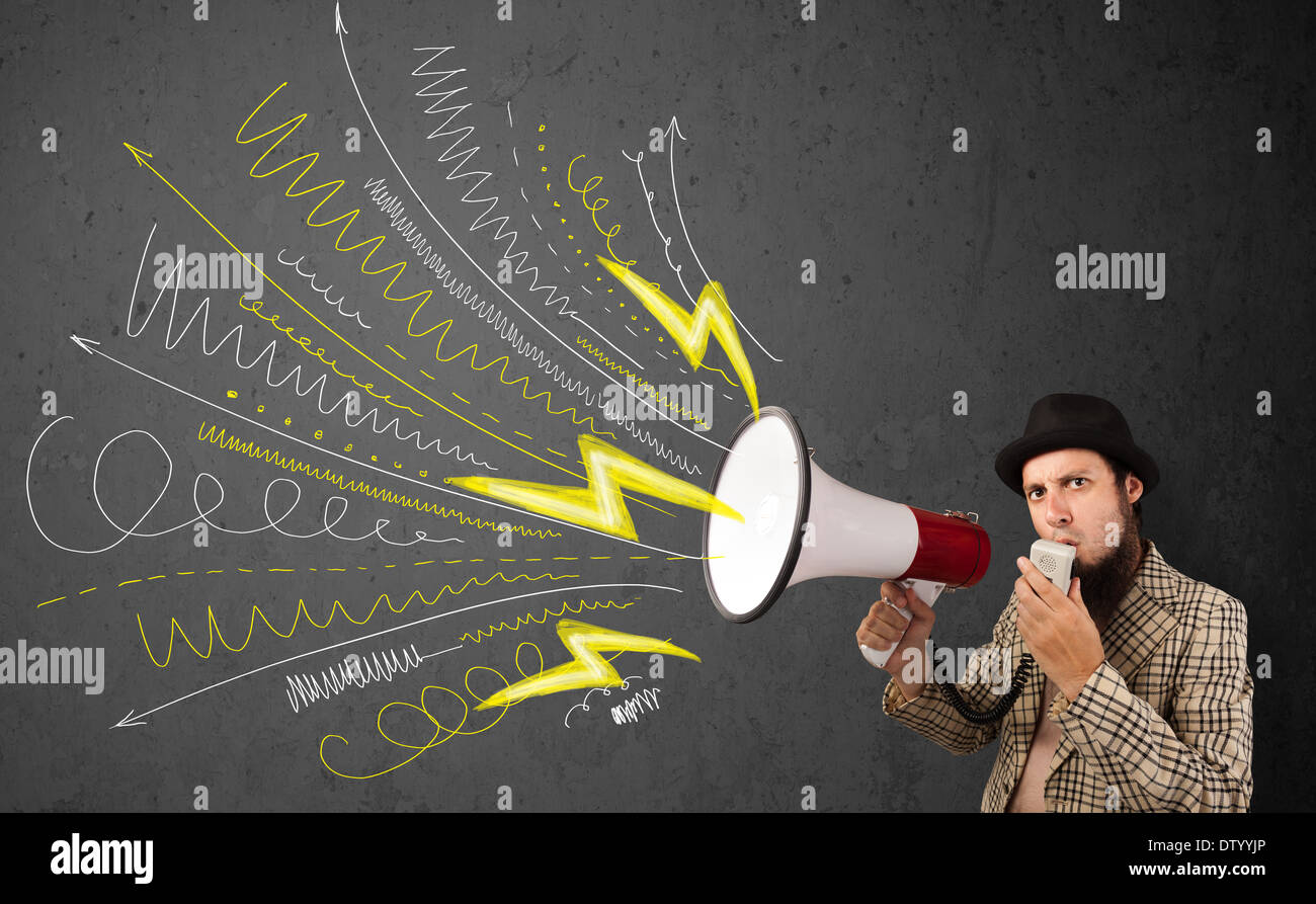 Leader guy shouting into megaphone with hand drawn lines and arrows ...
