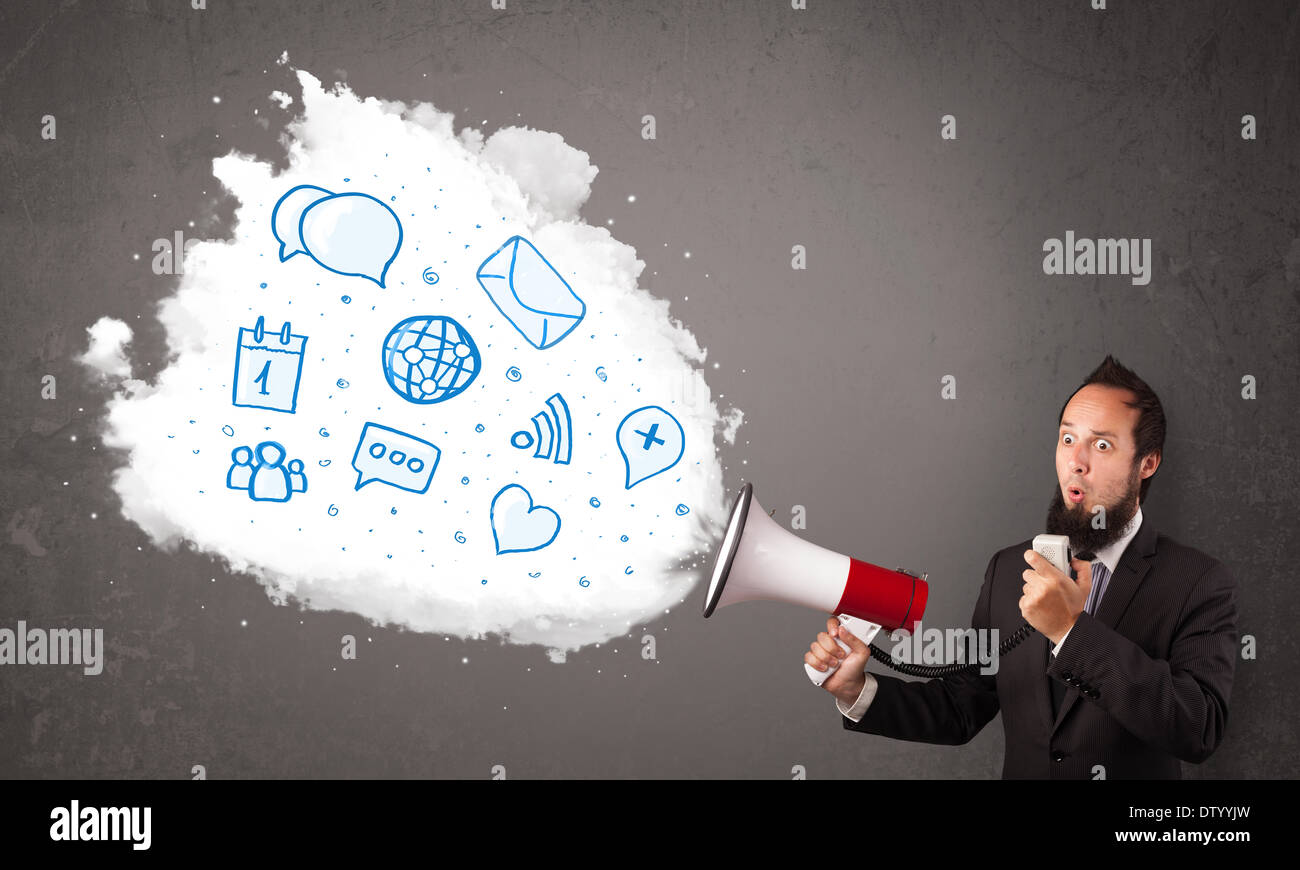 Man shouting into loudspeaker and modern blue icons and symbols come ...