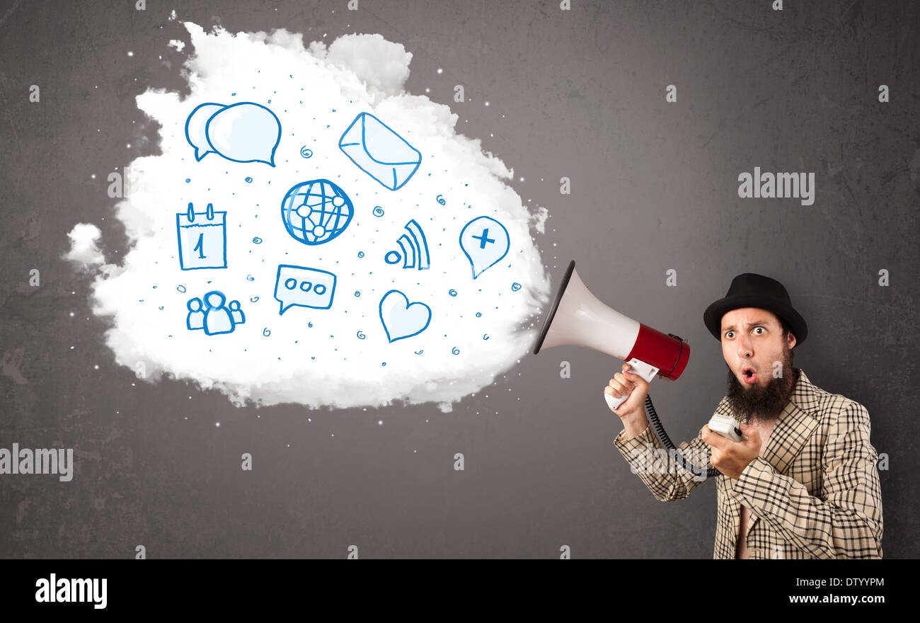 Man shouting into loudspeaker and modern blue icons and symbols come ...